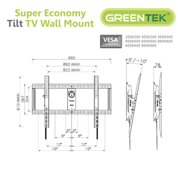 Bracket Dinding GREENTEK GT-90T TV Wall Mount Tilt Nunduk Tegak 65″-100″
